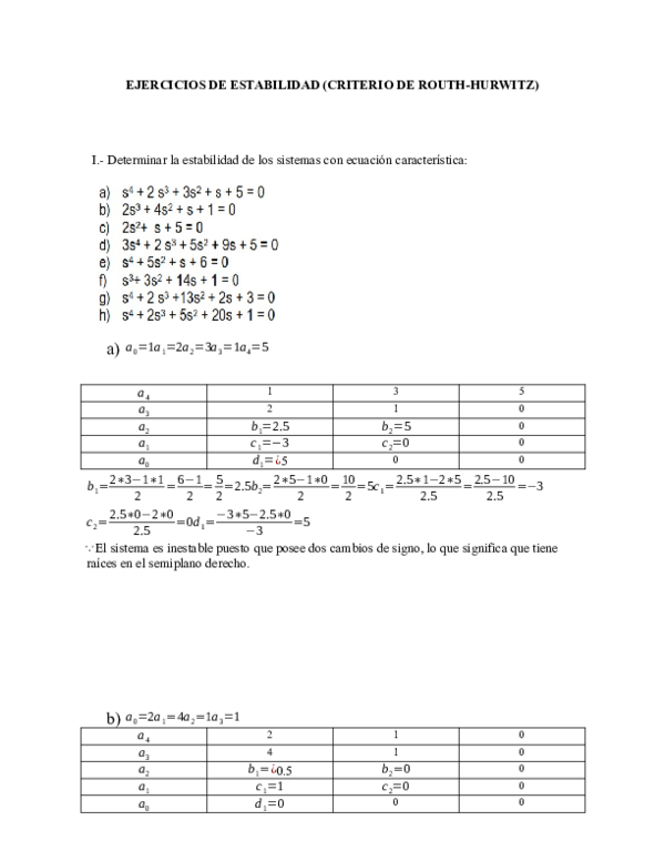 (DOC) EJERCICIOS DE ESTABILIDAD (CRITERIO DE ROUTH-HURWITZ