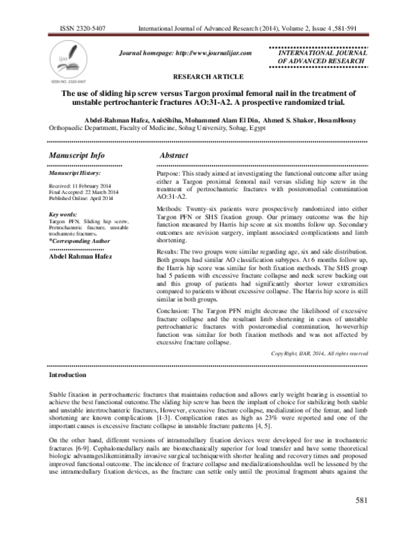 (PDF) The use of sliding hip screw versus Targon proximal femoral nail ...