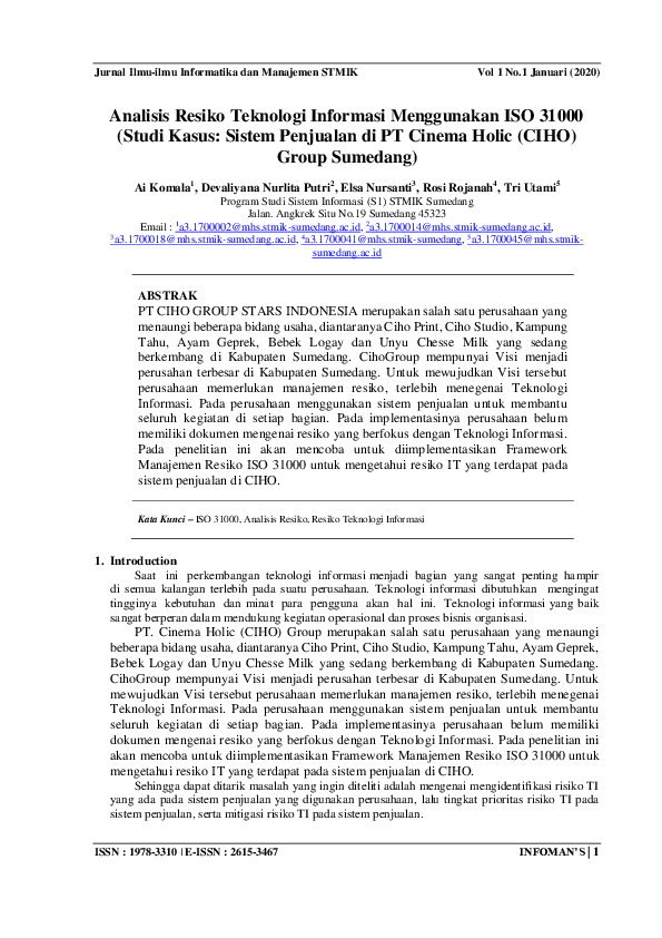 (PDF) Analisis Resiko Teknologi Informasi Menggunakan ISO 31000 (Studi ...