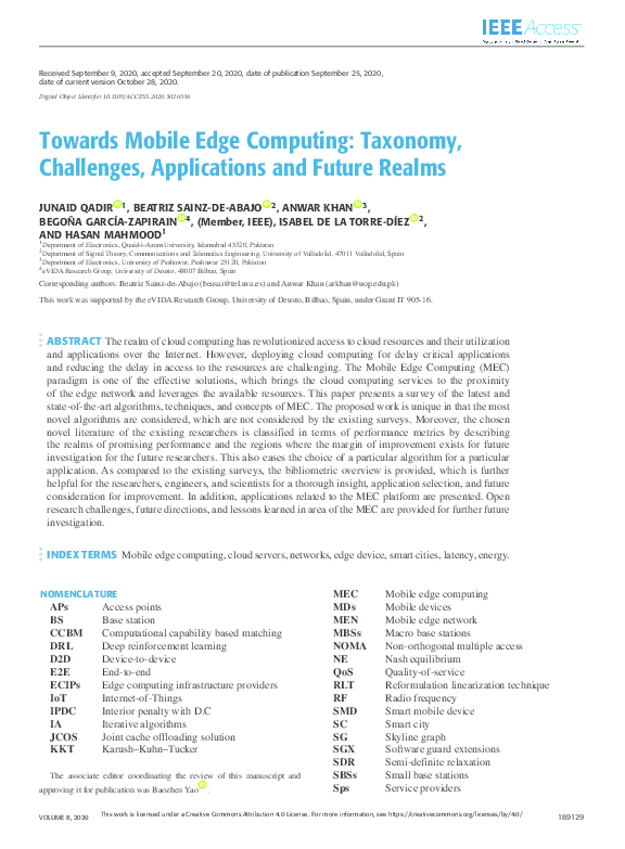 Pdf Towards Mobile Edge Computing Taxonomy Challenges Applications And Future Realms
