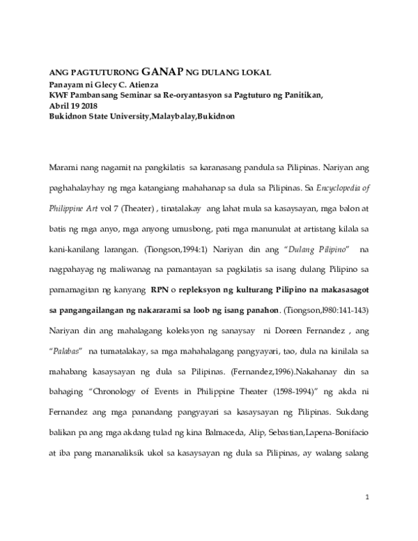 (PDF) ANG PAGTUTURONG GANAP NG DULANG LOKAL Panayam ni Glecy C. Atienza ...