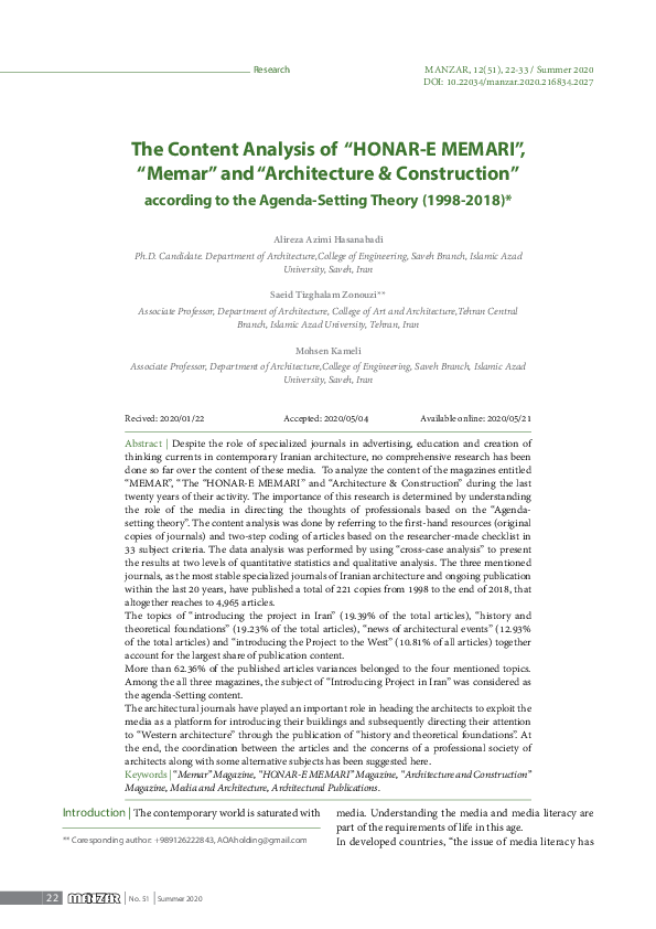 (PDF) The Content Analysis of "HONAR-E MEMARI", "Memar" and ...