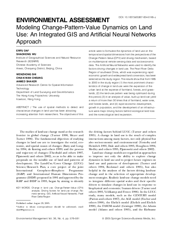 (PDF) Modeling Change-Pattern-Value Dynamics on Land Use: An Integrated GIS and Artificial ...
