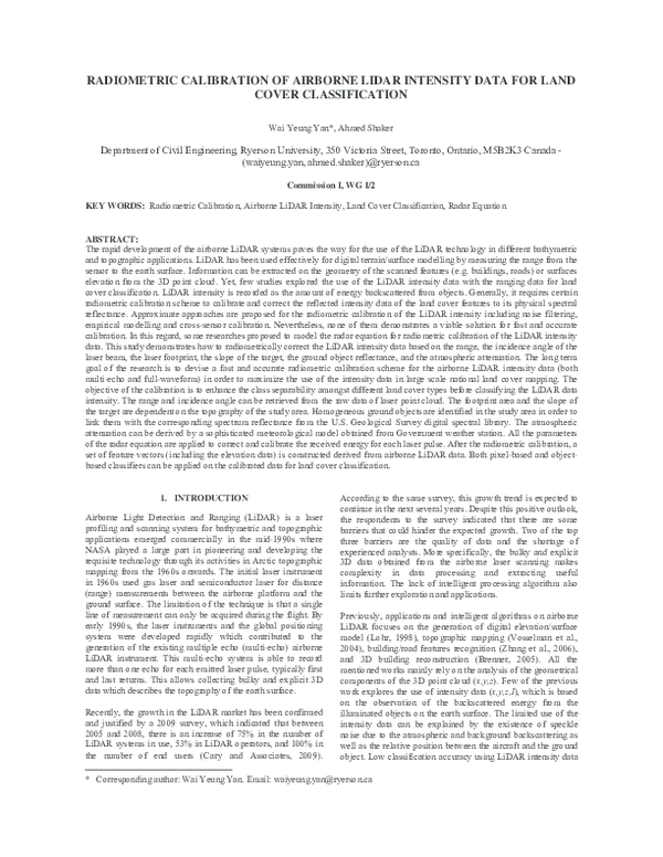 Pdf Radiometric Calibration Of Airborne Lidar Intensity Data For Land Cover Classification