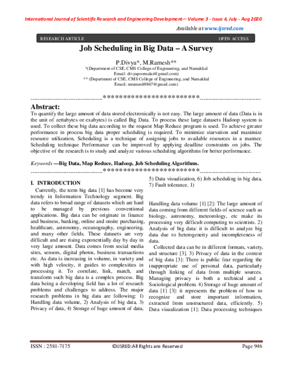 (PDF) Job Scheduling in Big Data -A Survey