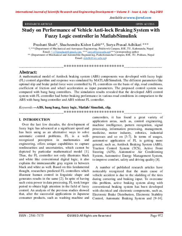 (PDF) Study on Performance of Vehicle Anti-lock Braking System with Fuzzy Logic controller in ...