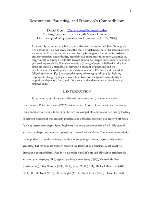 (PDF) Resentment, Parenting, and Strawson's Compatibilism