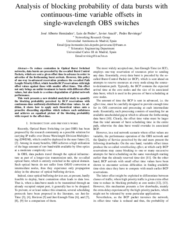(PDF) Analysis of Blocking Probability of Data Bursts With Continuous-Time Variable Offsets in ...