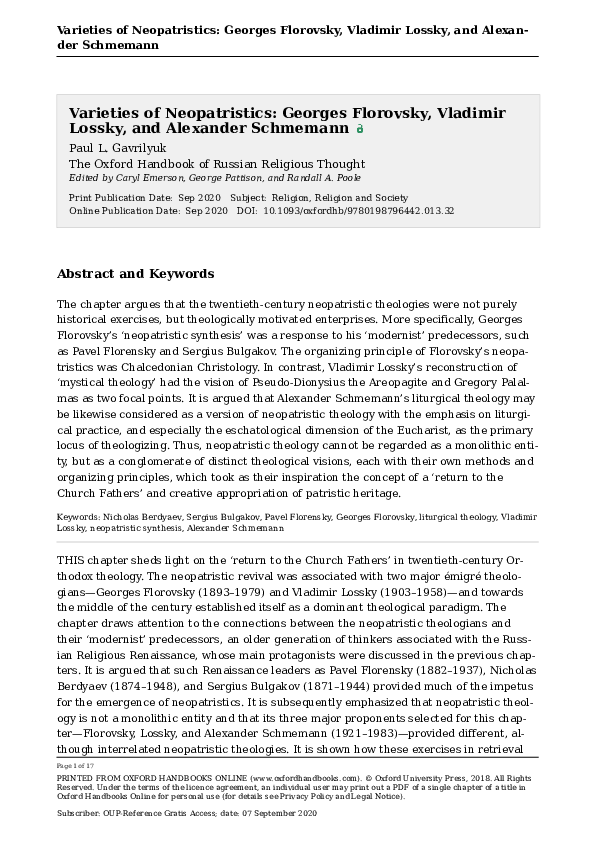 (PDF) Varieties of Neopatristics: Georges Florovsky, Vladimir Lossky ...