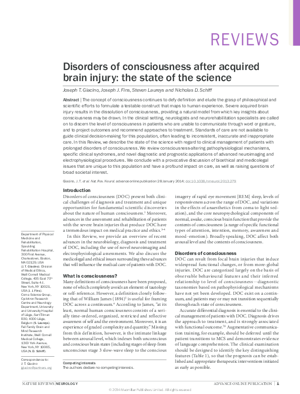 (PDF) Disorders of consciousness after acquired brain injury: the state ...