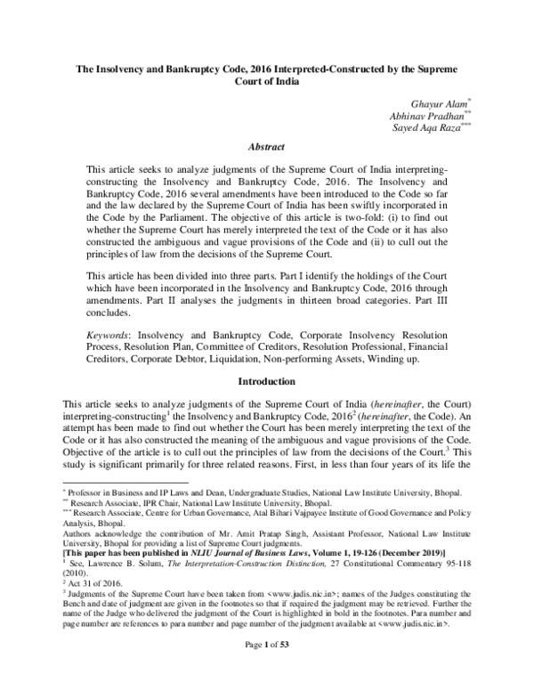 (PDF) The Insolvency and Bankruptcy Code, 2016 Interpreted-Constructed ...