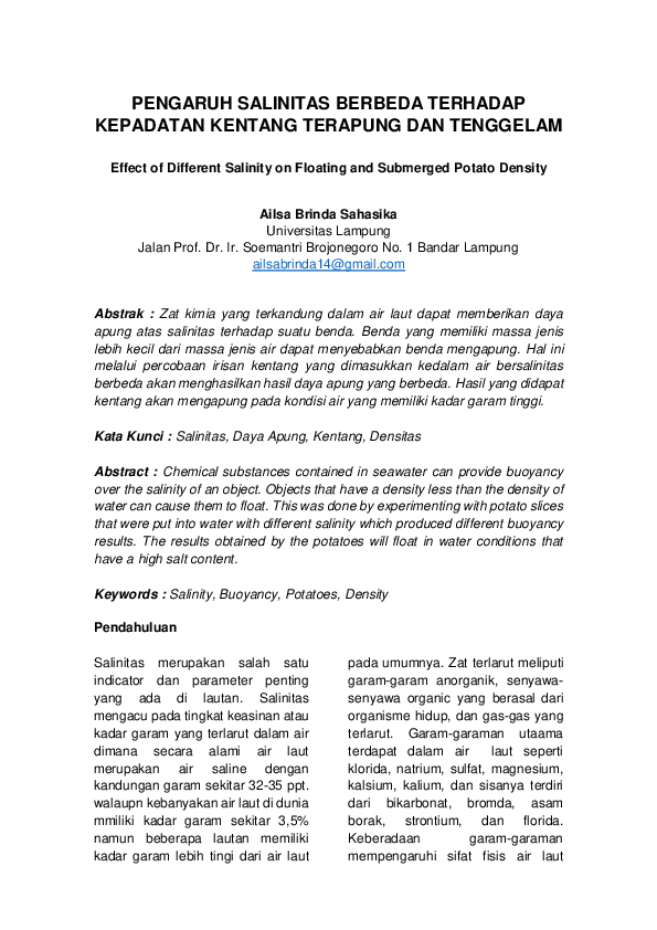 (PDF) PENGARUH SALINITAS BERBEDA TERHADAP KEPADATAN KENTANG TERAPUNG DAN TENGGELAM Effect of ...