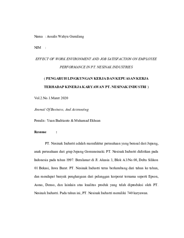 (DOC) Nama : Assalis Wahyu Gumilang NIM : EFFECT OF WORK ENVIRONMENT AND JOB SATISFACTION ON ...