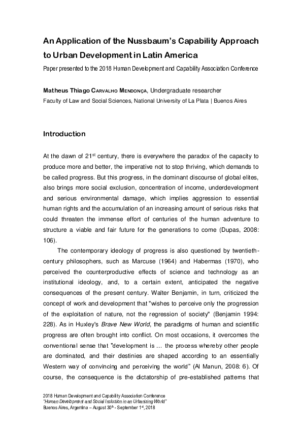 (PDF) An Application of the Nussbaum's Capability Approach to Urban ...
