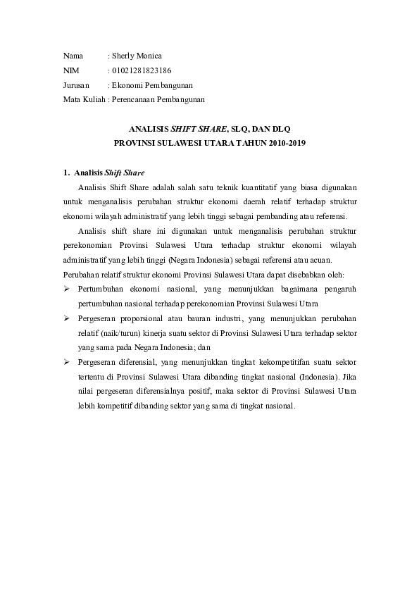 (PDF) Analisis Shift Share DLQ dan SLQ Provinsi Sulawesi Utara