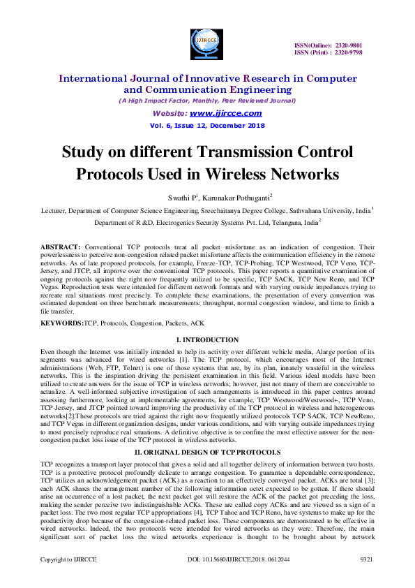(PDF) Study on different Transmission Control Protocols Used in Wireless Networks