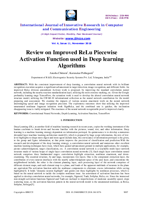 (PDF) Review on Improved ReLu Piecewise Activation Function used in Deep learning Algorithms