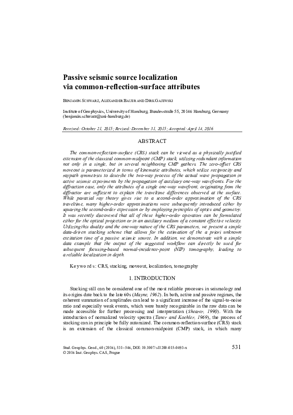 Pdf Passive Seismic Source Localization Via Common Reflection Surface Attributes