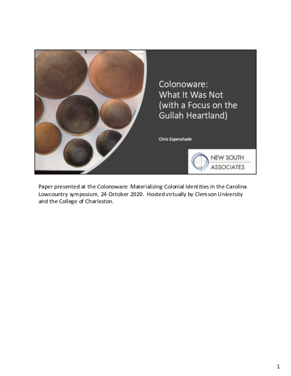 (PDF) Colonoware: What It Was Not (with a Focus on the Gullah Heartland)