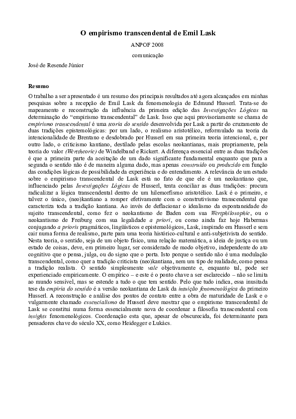 (PDF) O empirismo transcendental de Emil Lask | José Resende - Academia.edu