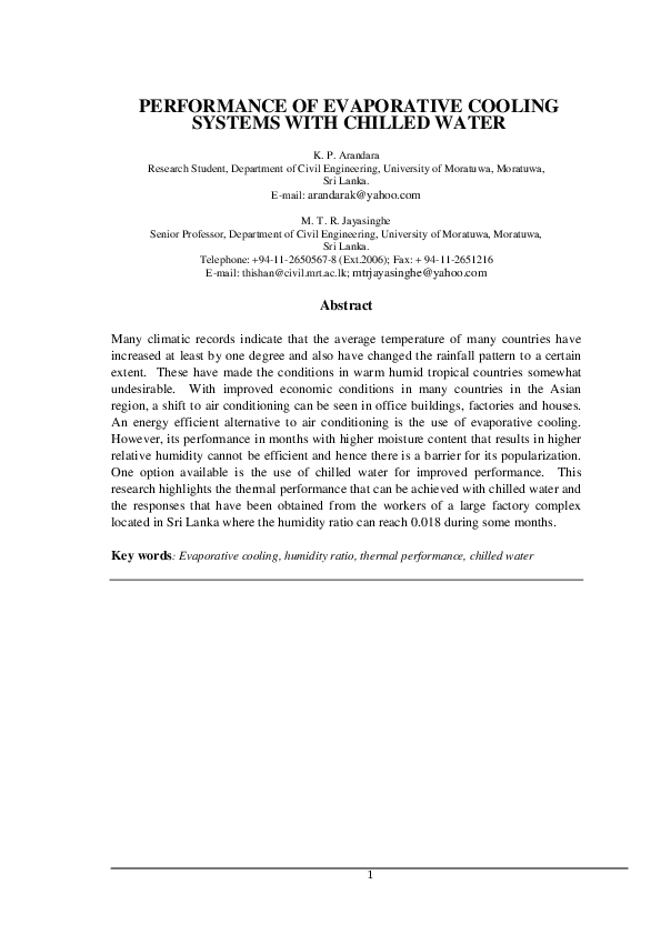 (PDF) PERFORMANCE OF EVAPORATIVE COOLING SYSTEMS WITH CHILLED WATER