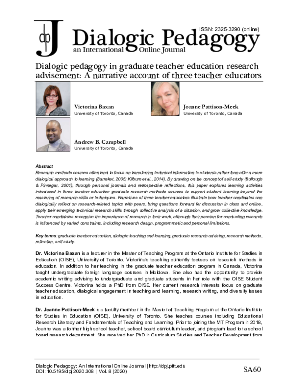 (PDF) Dialogic pedagogy in graduate teacher education research ...