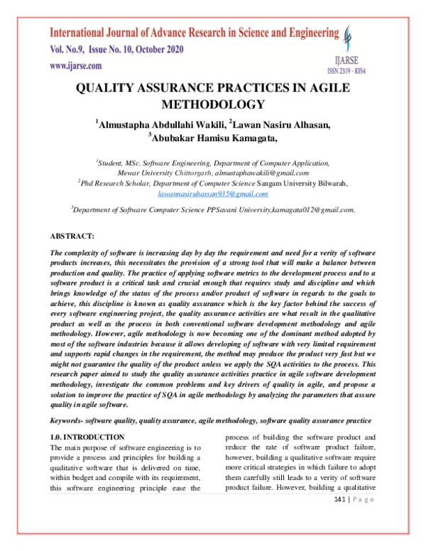 Pdf Quality Assurance Practices In Agile Methodology