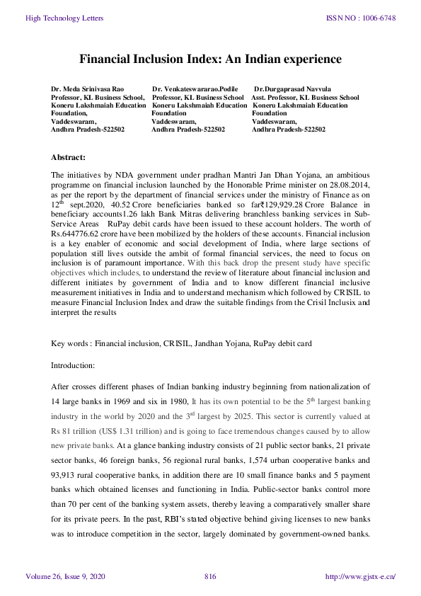 (PDF) Financial Inclusion Index: An Indian experience