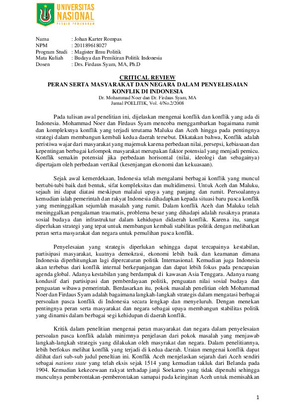 (PDF) CRITICAL REVIEW "PERAN SERTA MASYARAKAT DAN NEGARA DALAM PENYELESAIAN KONFLIK DI INDONESIA ...