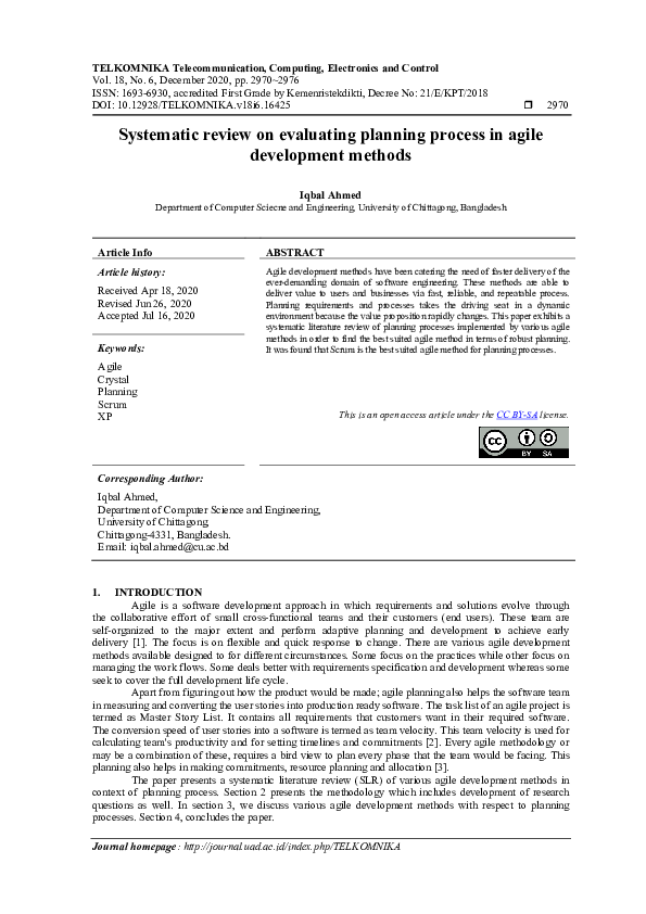 Pdf Systematic Review On Evaluating Planning Process In Agile Development Methods
