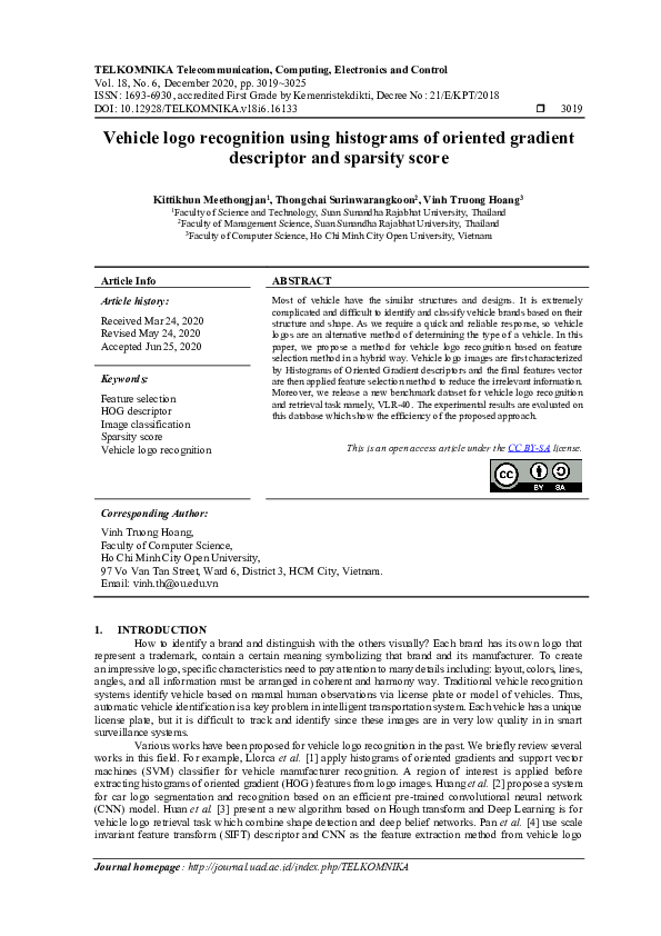(PDF) Vehicle logo recognition using histograms of oriented gradient descriptor and sparsity score