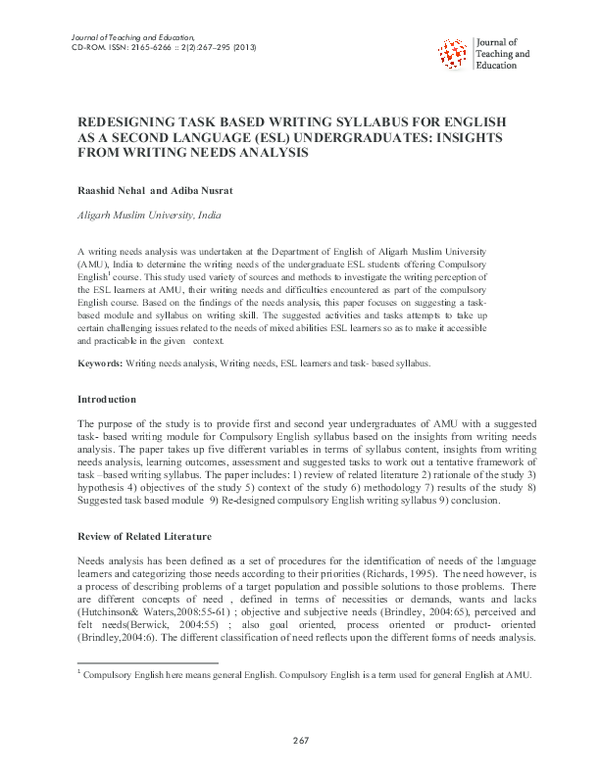 (PDF) REDESIGNING TASK BASED WRITING SYLLABUS FOR ENGLISH AS A SECOND ...