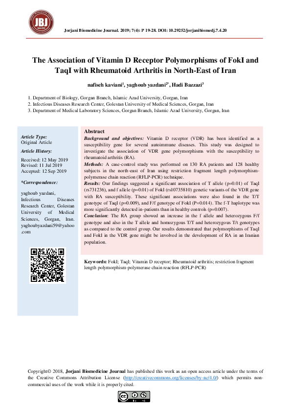 (PDF) The Association of Vitamin D Receptor Polymorphisms of FokI and TaqI with Rheumatoid ...