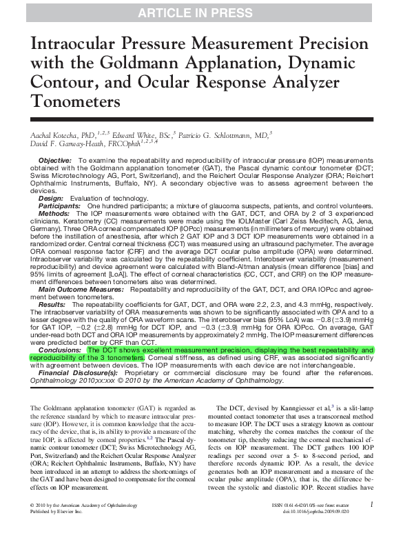 (PDF) Intraocular pressure measurement precision with the Goldmann ...