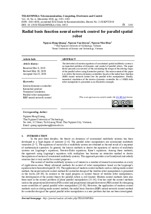 Pdf Radial Basis Function Neural Network Control For Parallel Spatial