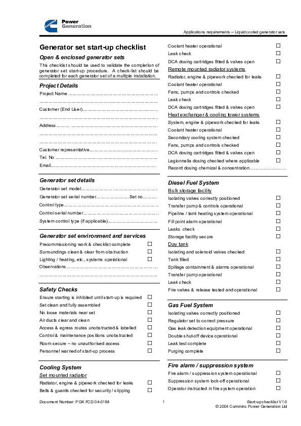 (PDF) Generator set start-up checklist