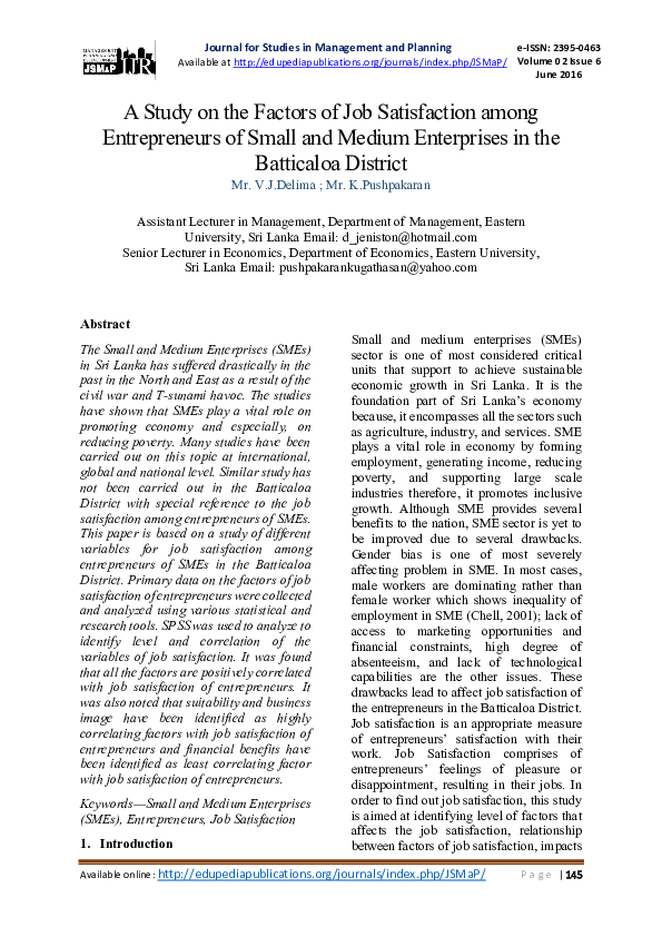 (PDF) A Study on the Factors of Job Satisfaction among Entrepreneurs of ...