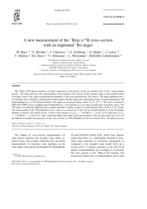 (PDF) A new measurement of the 7Be(p,γ)8B cross-section with an ...