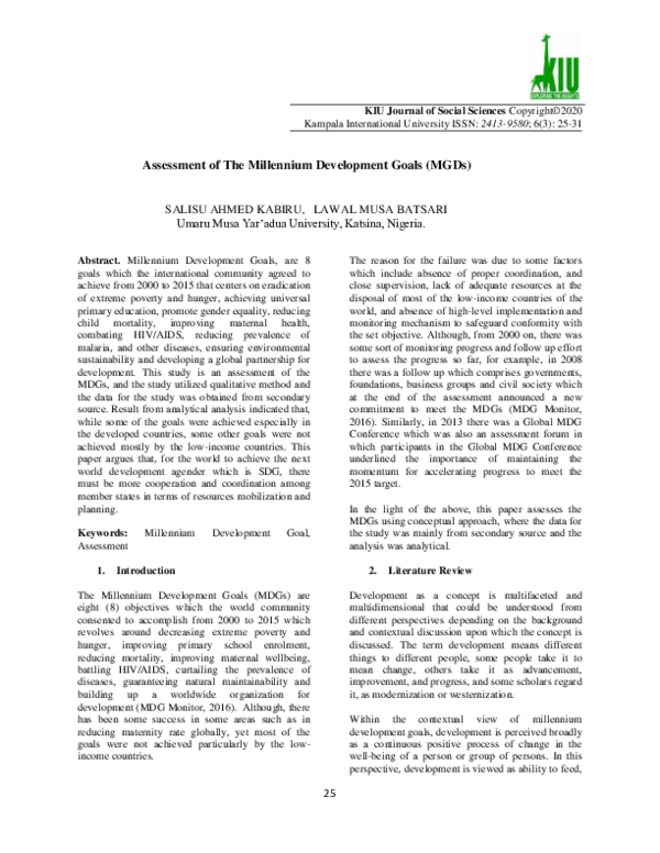 (PDF) Assessment of The Millennium Development Goals (MGDs