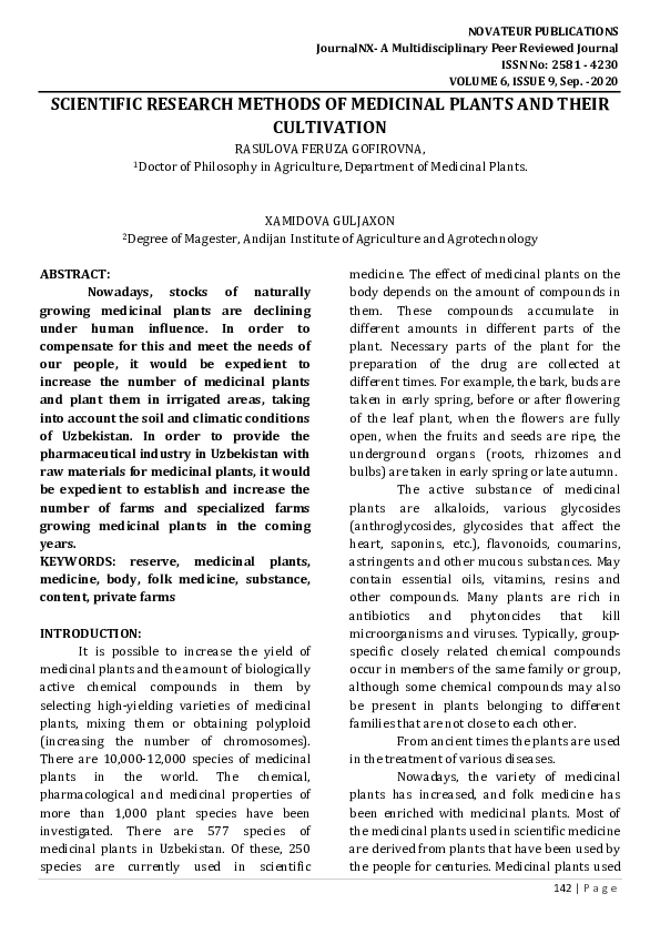 (PDF) JOURNALNX-SCIENTIFIC RESEARCH METHODS OF MEDICINAL PLANTS AND ...