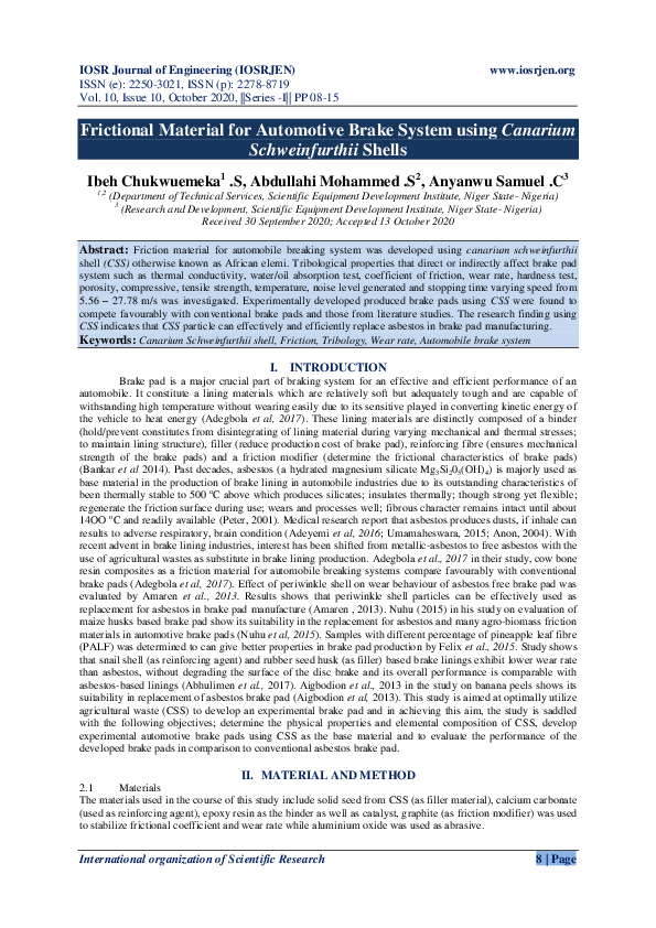 (PDF) Frictional Material for Automotive Brake System using Canarium Schweinfurthii Shells