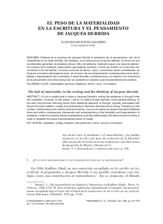 (PDF) El peso de la materialidad en la escritura y el pensamiento de J ...