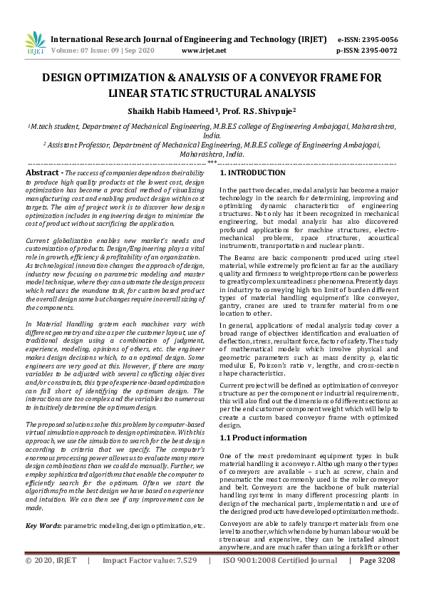 Pdf Irjet Design Optimization And Analysis Of A Conveyor Frame For