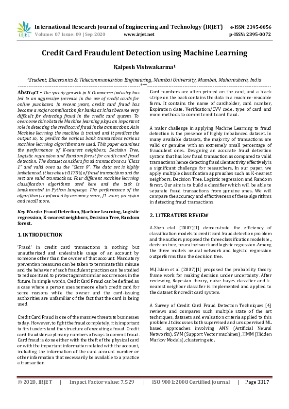 (PDF) IRJET- Credit Card Fraudulent Detection using Machine Learning