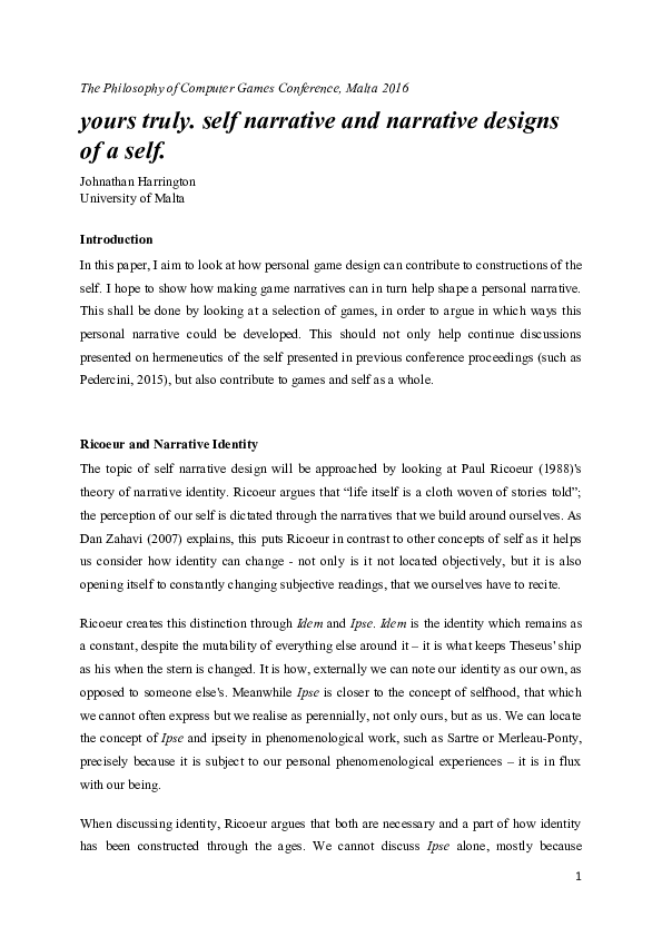 (PDF) yours truly. self narrative and narrative designs of a self