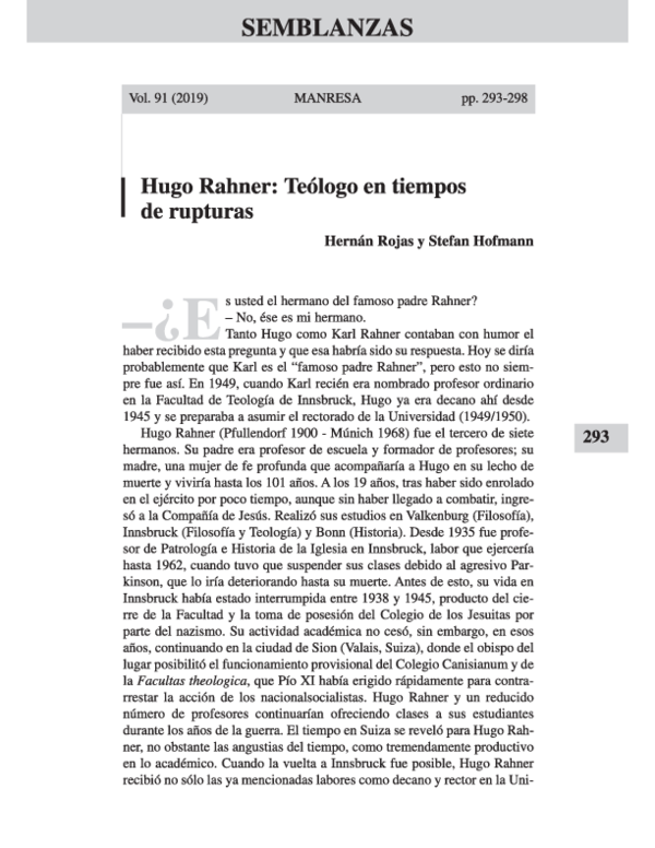 (PDF) Hugo Rahner: Teólogo en tiempos de rupturas