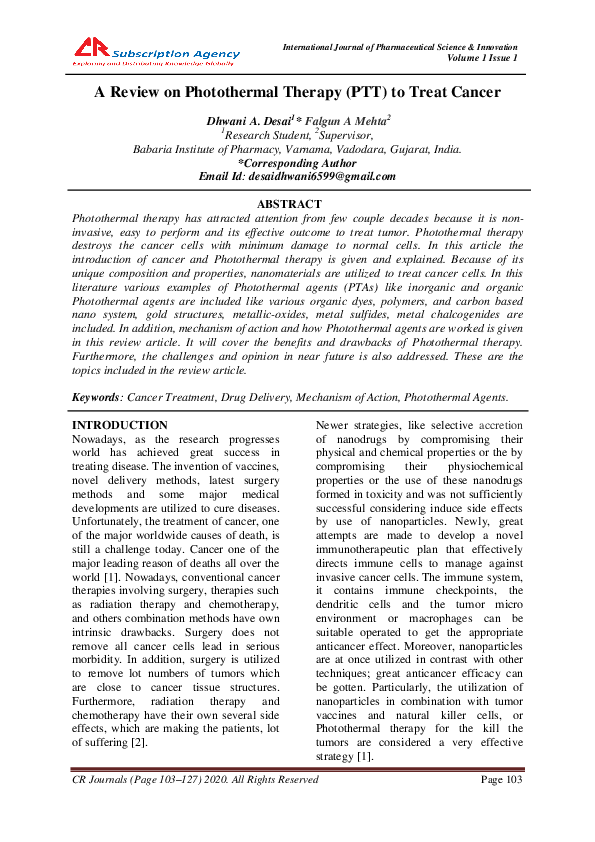 (PDF) A Review on Photothermal Therapy (PTT) to Treat Cancer