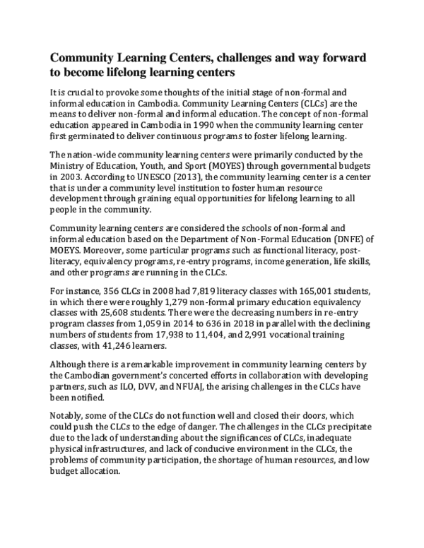 (PDF) Community Learning Centers, challenges and way forward to become ...