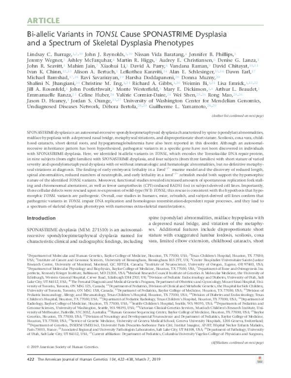 (PDF) ARTICLE Bi-allelic Variants in TONSL Cause SPONASTRIME Dysplasia and a Spectrum of ...