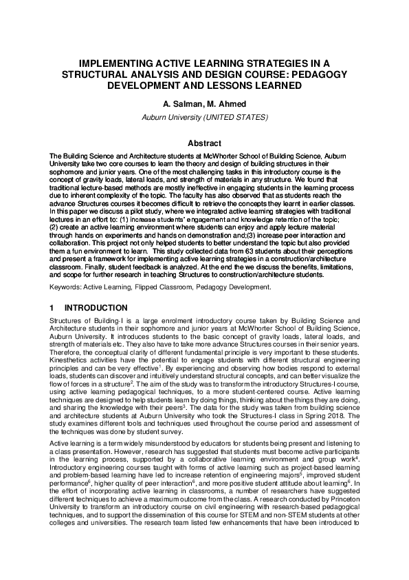 (PDF) IMPLEMENTING ACTIVE LEARNING STRATEGIES IN A STRUCTURAL ANALYSIS AND DESIGN COURSE ...
